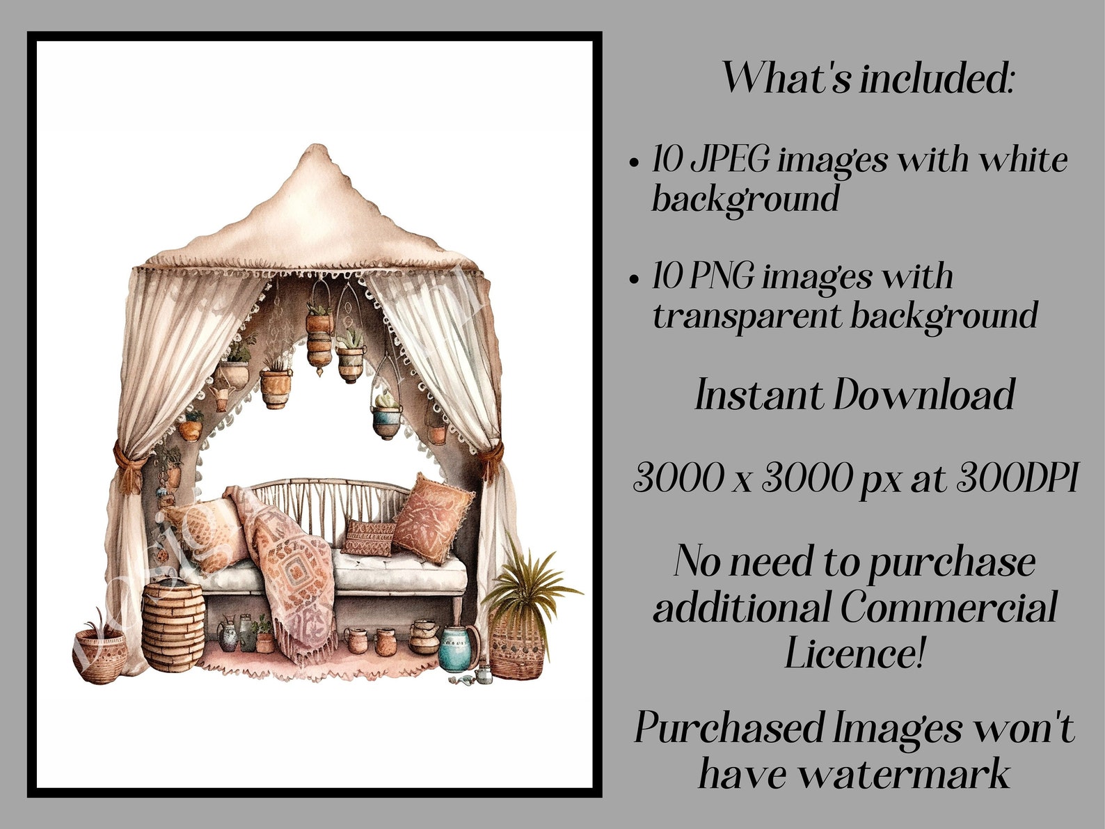 Watercolor Boho Room Clipart: Cozy Interior, Furniture (JPEG, PNG) - Etsy