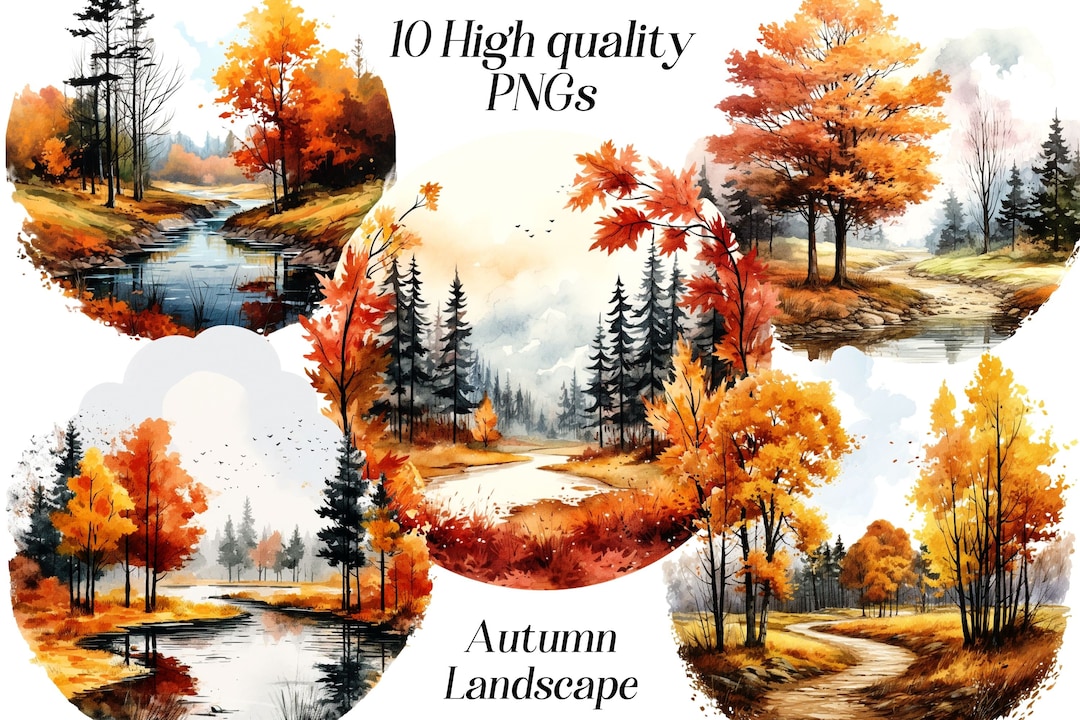 Watercolor Autumn Landscape Clipart: 10 PNG Fall Graphics (digital ...
