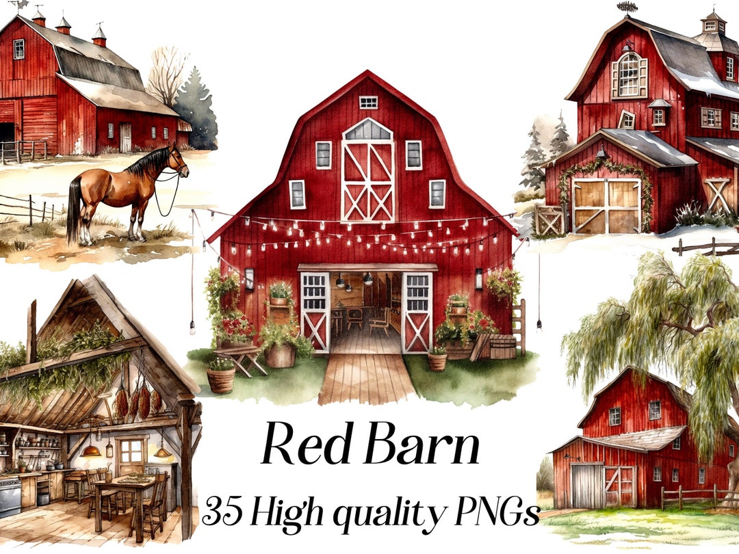 Watercolor Red Barn Clipart, 35 High Quality Pngs, Rural Landscape, Red ...