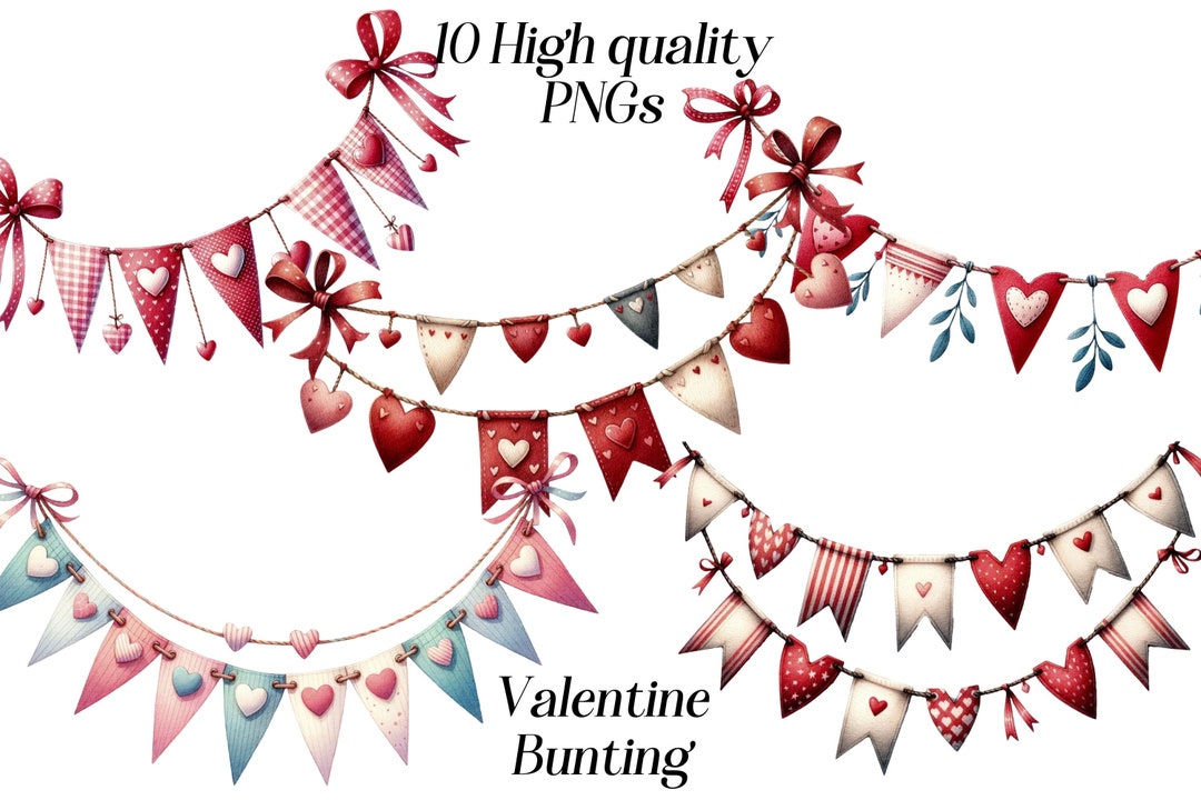 Watercolor Valentine Bunting Clipart, 10 High Quality PNG Files, Hearts ...