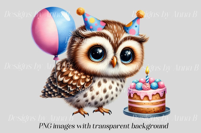 Watercolor Birthday Owl Clipart, Party Graphics (13 PNG Files) - Etsy