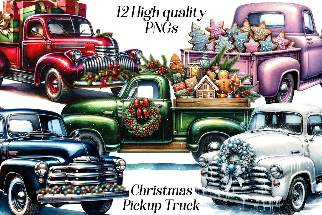 Watercolor Christmas Pickup Truck Clipart: 12 PNG Graphics (digital ...