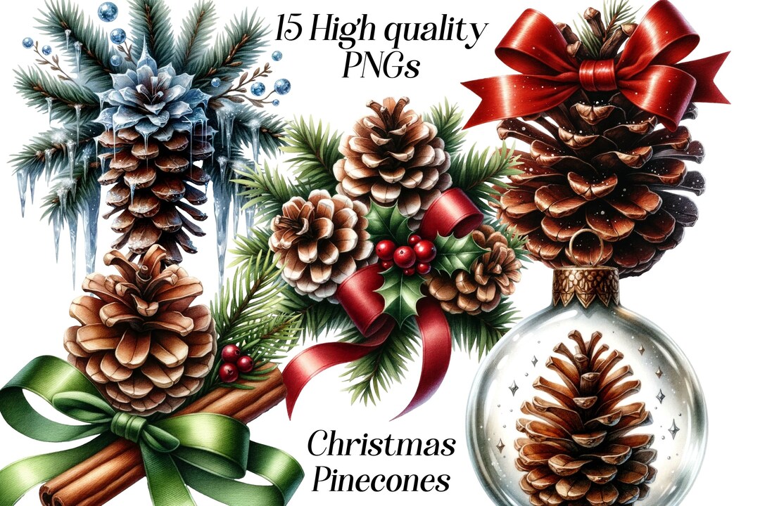 Watercolor Christmas Pinecones Clipart: Holiday PNG Graphics (digital ...