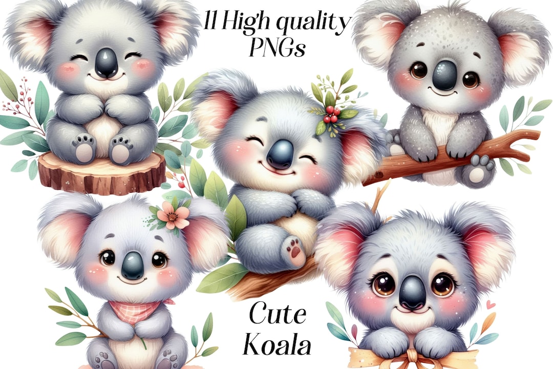 Watercolor Cute Koala Clipart, 11 PNG Files, Exotic Animals, Safari ...