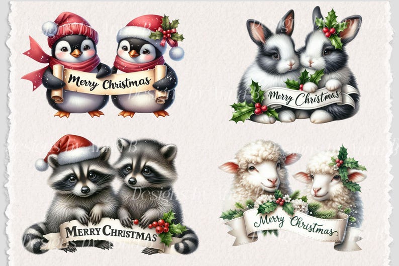 Watercolor Christmas Animals Clipart: Holiday PNG Graphics (digital ...