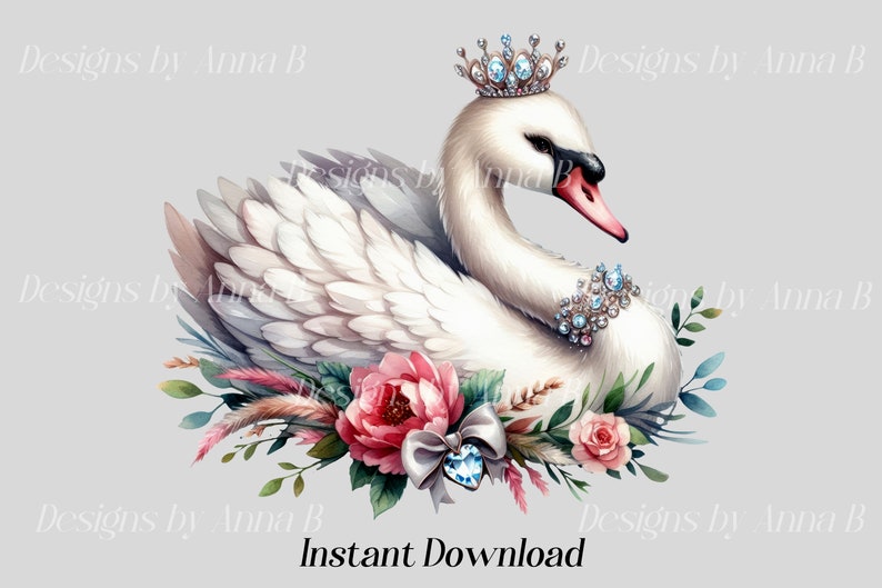 Watercolor Swan Clipart: Elegant Swan With Bow, 12 PNG Files - Etsy