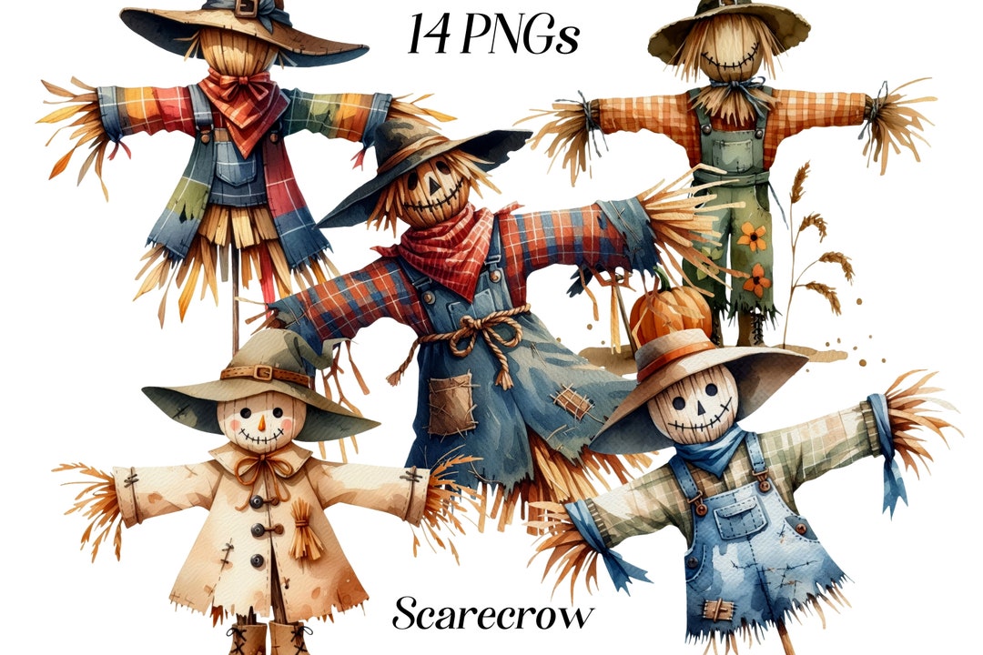 Watercolor Scarecrow Clipart: Fall Thanksgiving PNG Graphics (digital ...