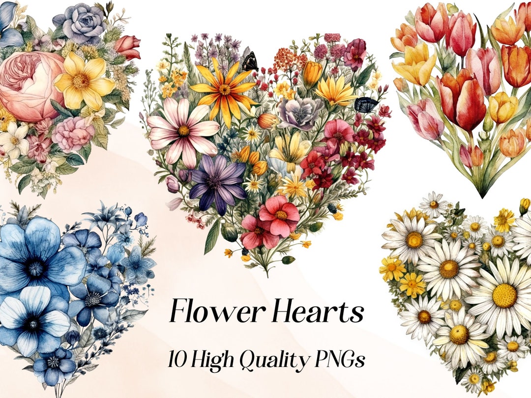 Watercolor Flower Heart Clipart: 10 Floral PNG Files (commercial Use ...