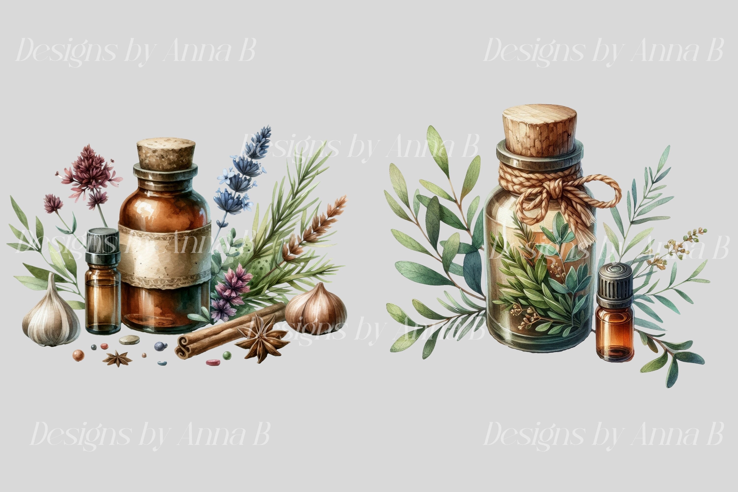Watercolor Essential Oils Clipart: Botanical Aromatherapy PNG (digital ...