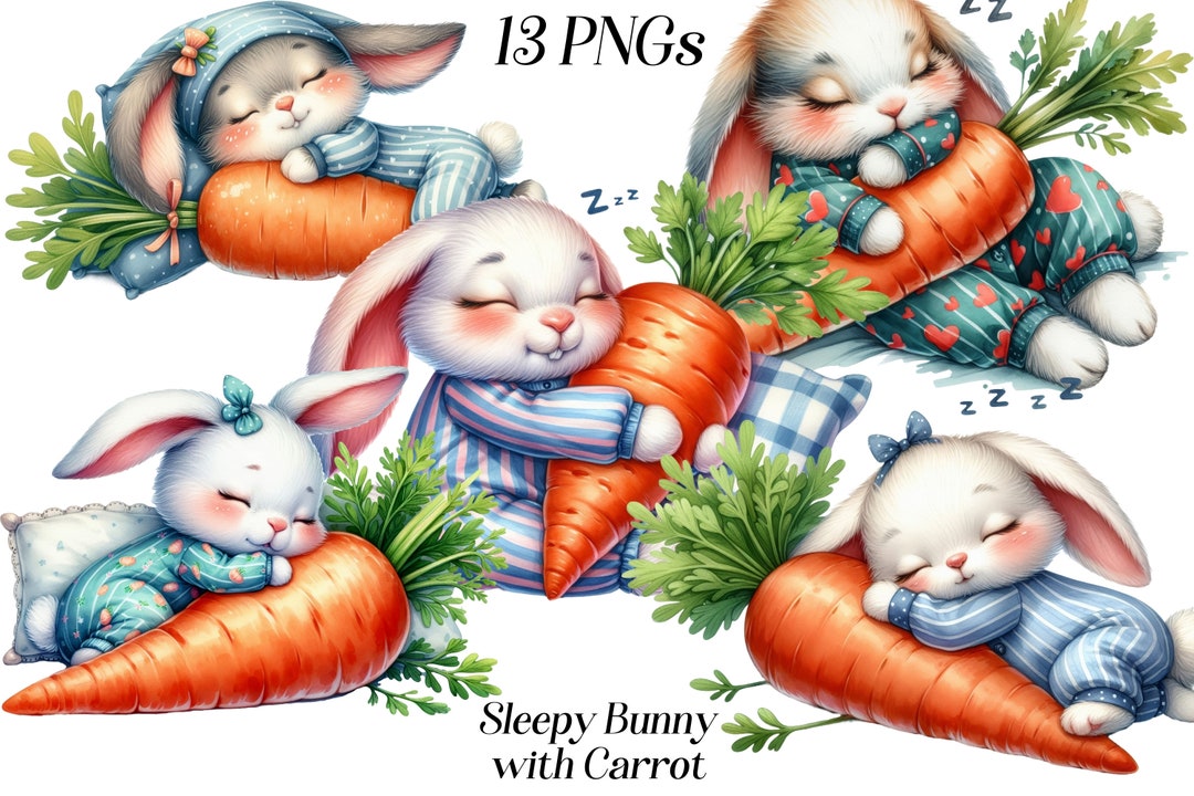 Watercolor Sleepy Bunny With Carrot Clipart, 13 PNG Files, Cute Rabbit ...