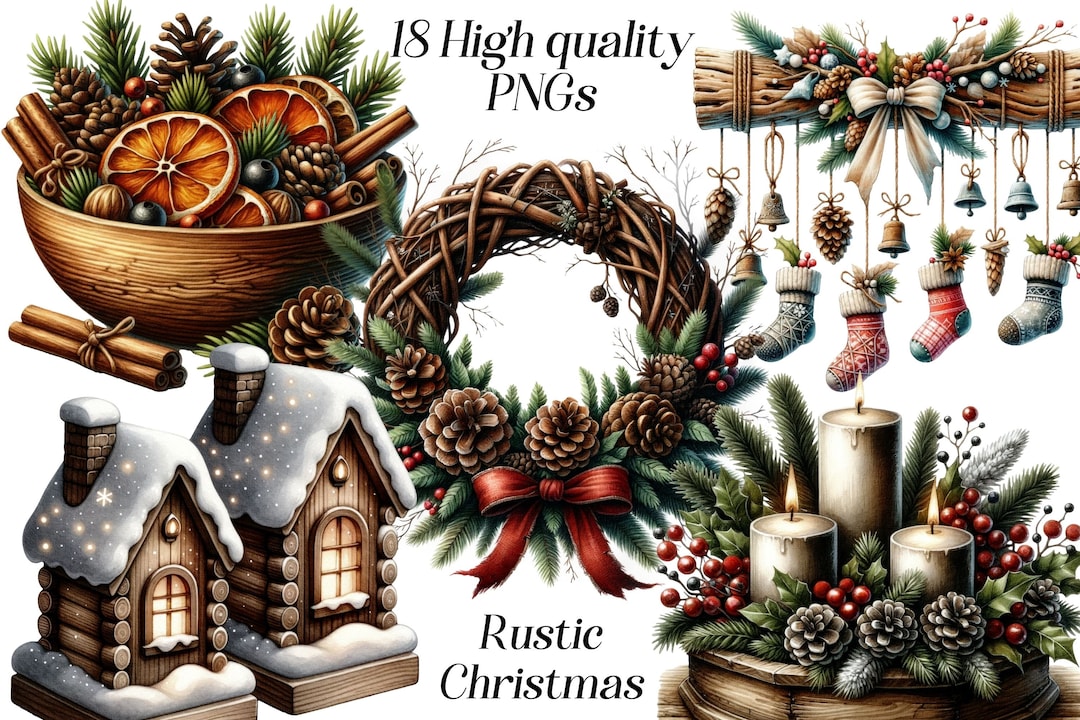 Rustic Christmas Clipart - Cozy Farmhouse Holiday PNG, Festive Winter ...