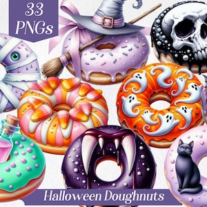Watercolor Halloween Doughnuts Clipart: 33 PNG Images (digital Download ...