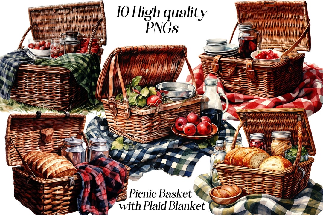 Watercolor Picnic Basket Clipart, 10 High Quality PNG Files, Summer ...