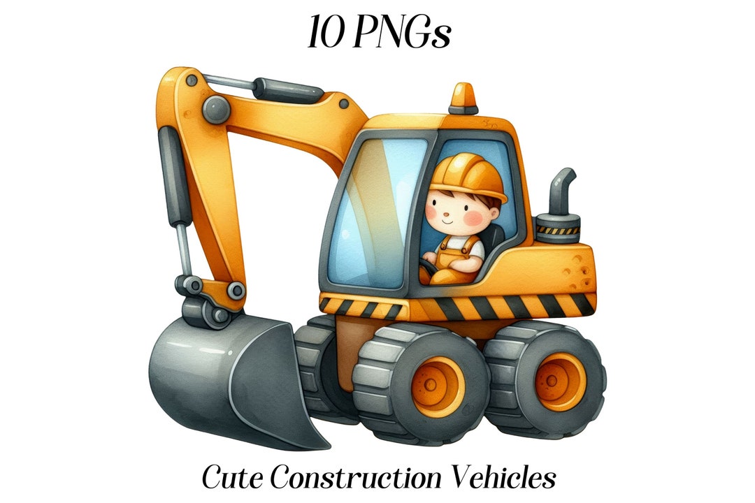 Watercolor Cute Construction Vehicles Clipart, 10 PNG Files, Building ...