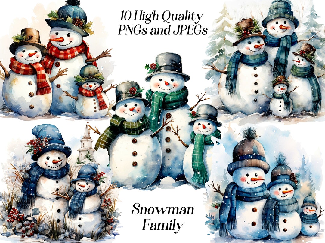 Watercolor Snowman Family Clipart: Winter Holiday PNG JPEG (digital ...