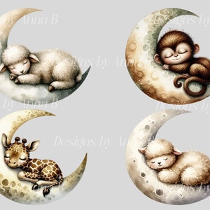 Watercolor Sleepy Animals on Crescent Moon Clipart (PNG Files) - Etsy