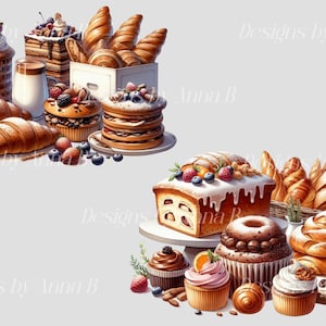 Watercolor Bakery Clipart: Pastries, Cakes, Bread (13 PNG Files ...
