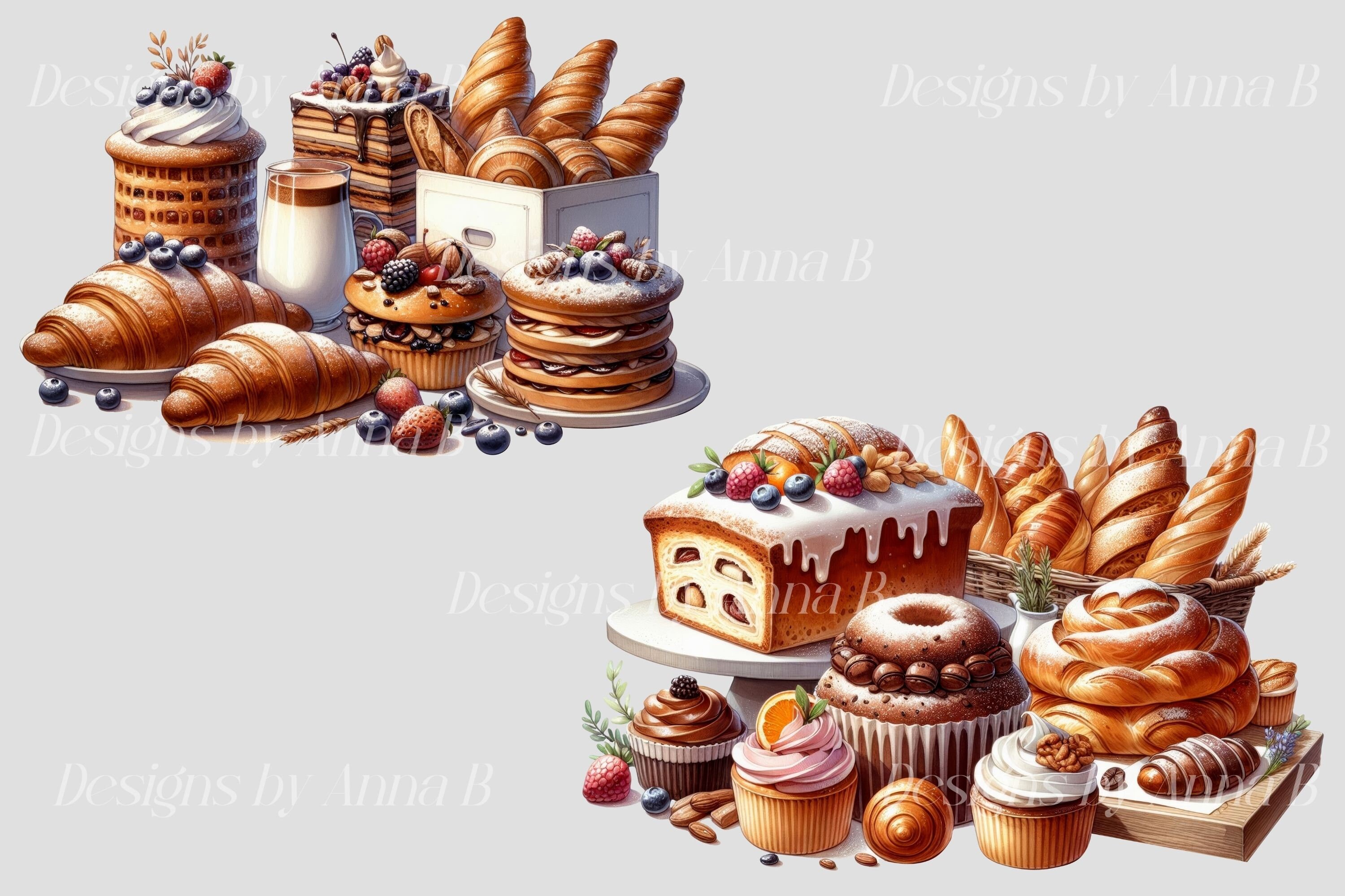 Watercolor Bakery Clipart: Pastries, Cakes, Bread (13 PNG Files ...