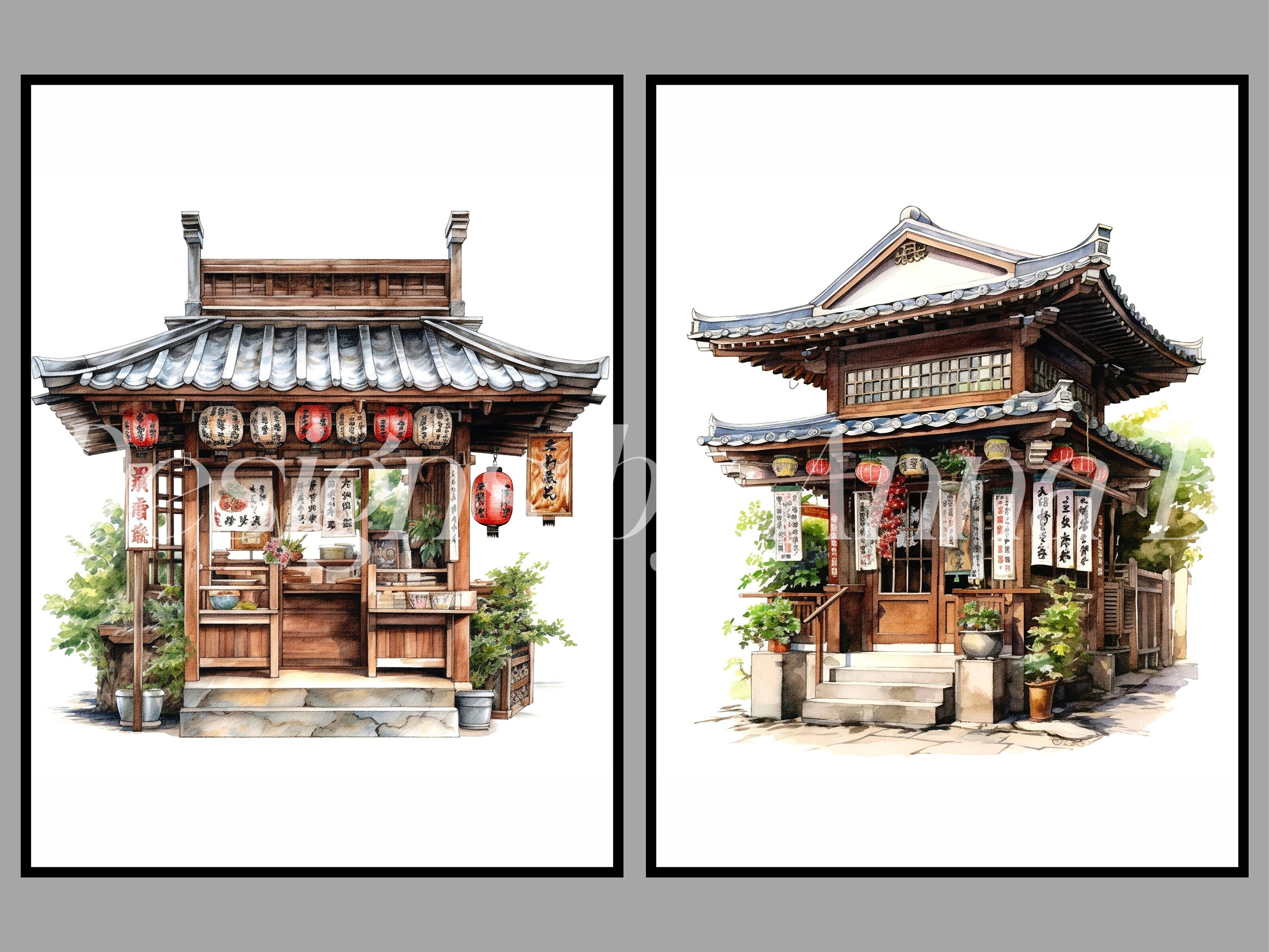 Watercolor Japanese Storefront Clipart, JPEG PNG Files (digital ...