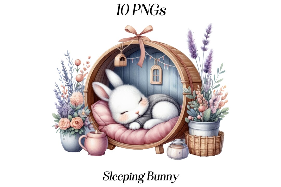 Watercolor Sleeping Bunny Clipart, 10 High Quality PNG Files, Cute ...