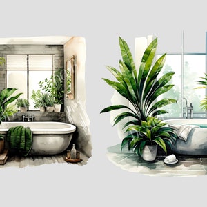Watercolor Bathroom With Plants Clipart, 10 High Quality PNG Files ...