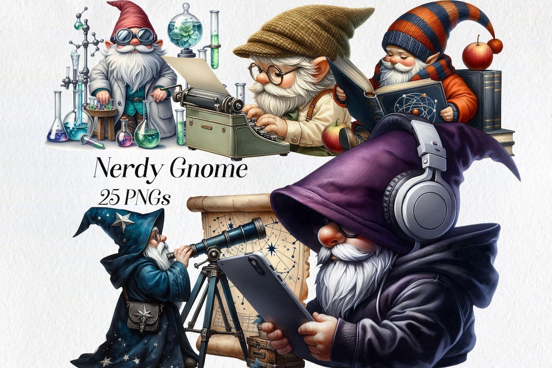 Nerdy Gnome Clipart, Watercolor Smart Gnome Clip Art, Png, Science ...