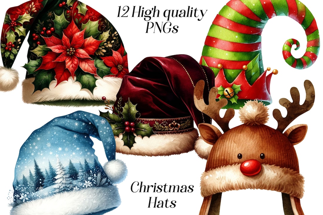 Watercolor Christmas Hats Clipart, 12 High Quality PNG Files, Xmas ...