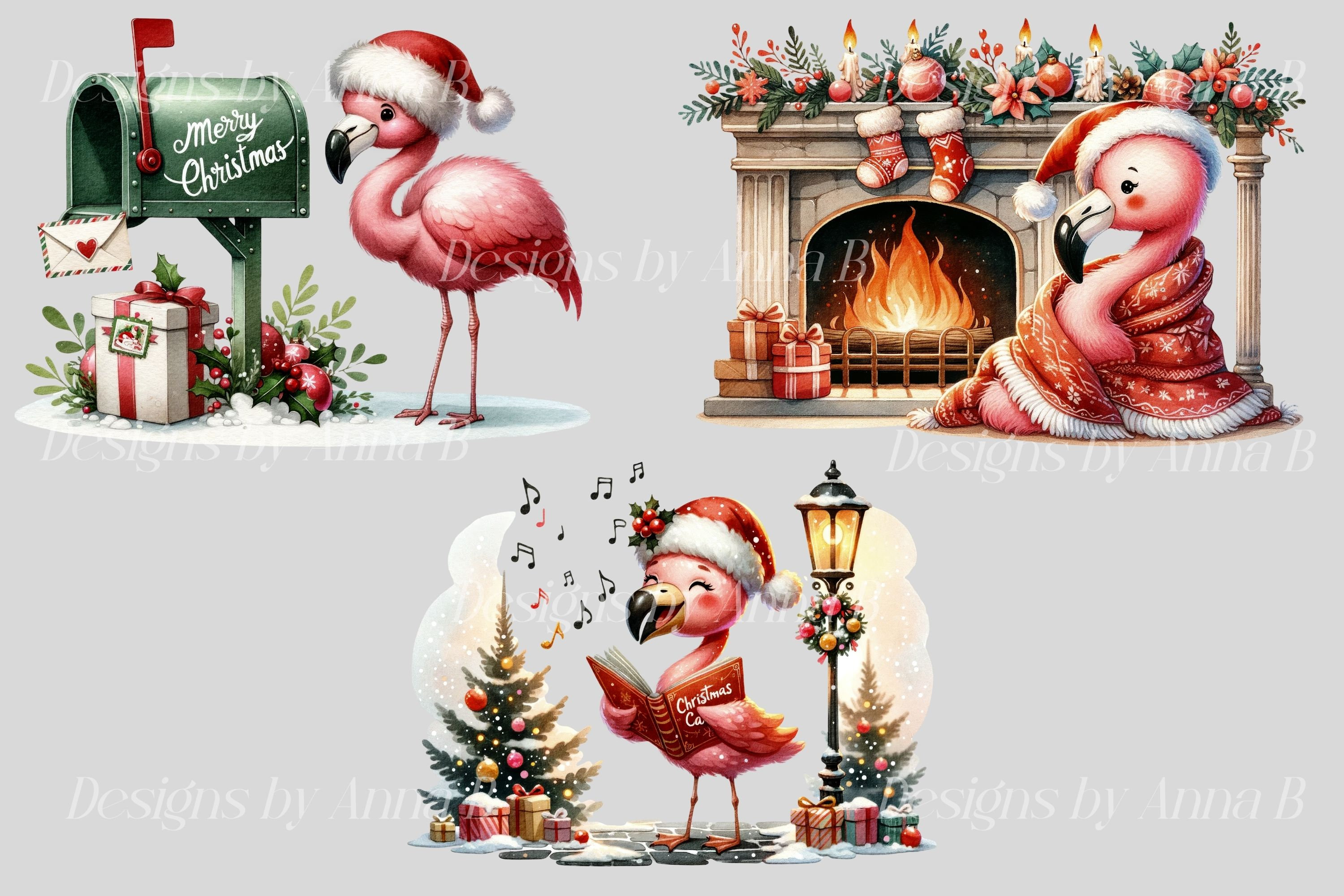 Watercolor Christmas Flamingo Clipart: 18 PNG Graphics (digital ...