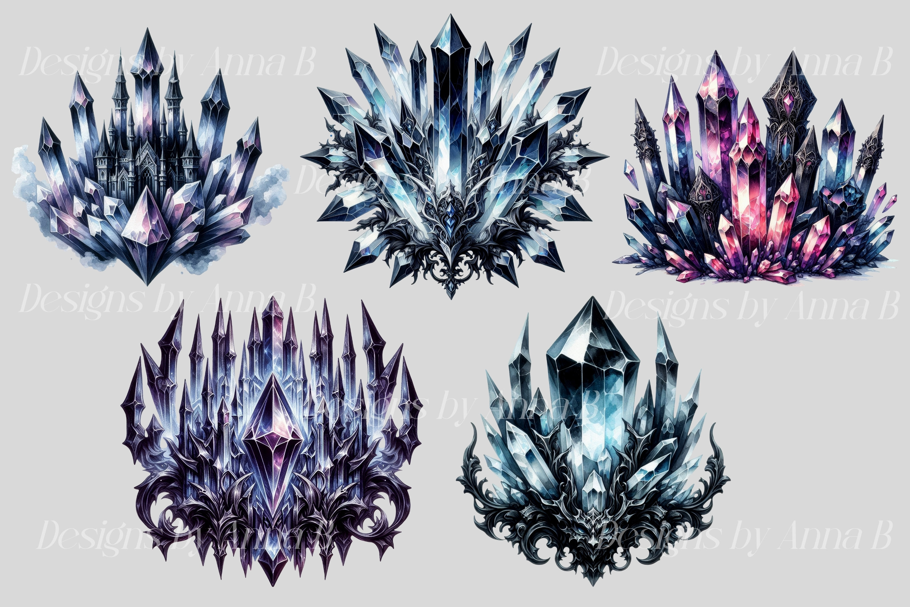 Watercolor Gothic Crystals Clipart: Dark Magic Gems (30 Pngs) (digital ...