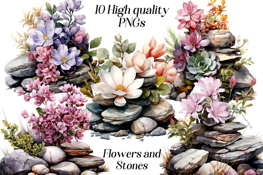 Watercolor Flower and Stones Clipart, 10 High Quality PNG Files, Floral ...
