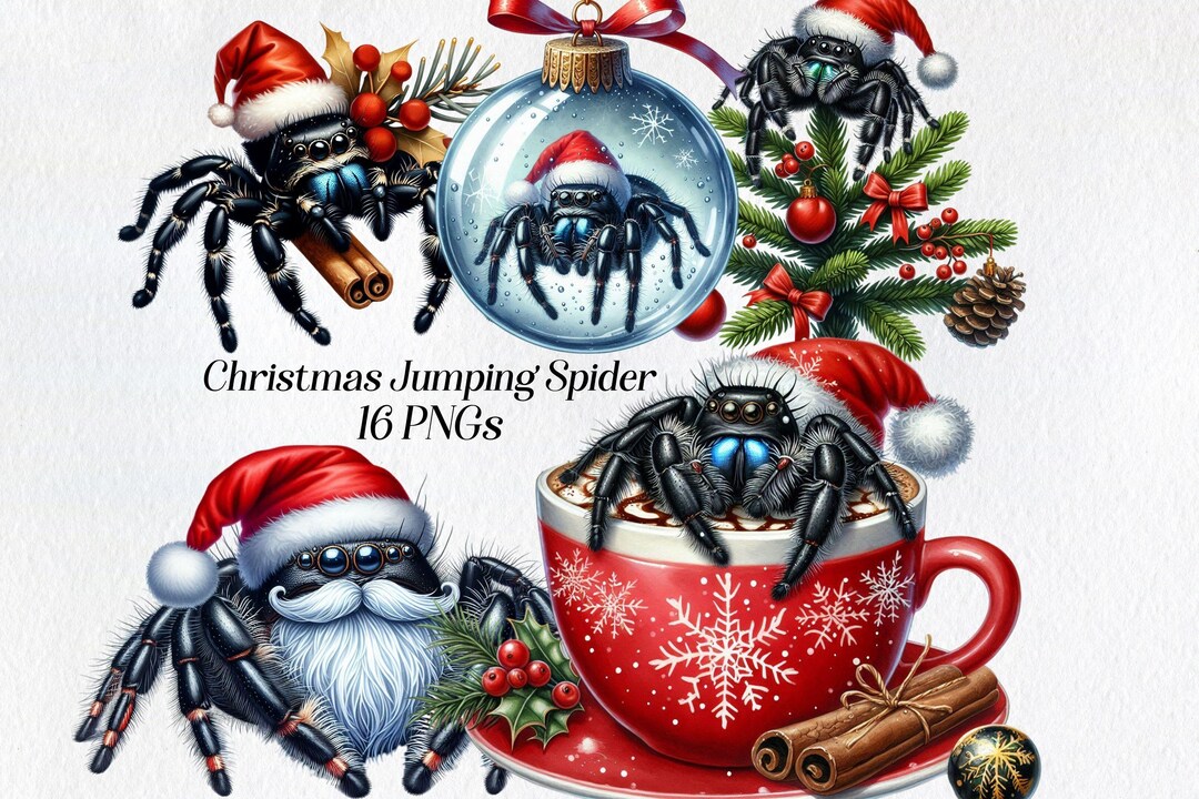 Christmas Jumping Spider Clipart: Watercolor Holiday PNG Graphics ...