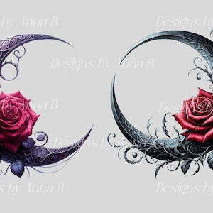 Gothic Crescent Clipart: Watercolor Moon & Red Roses (PNG Digital ...