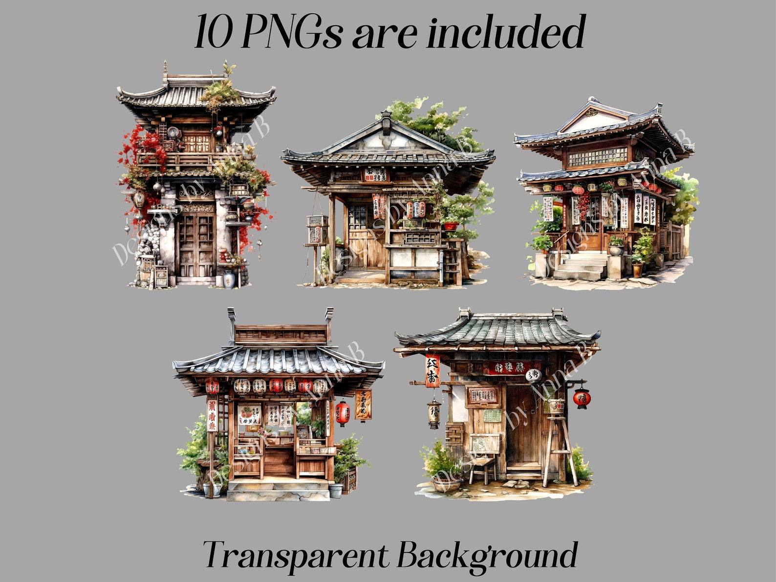 Watercolor Japanese Storefront Clipart, JPEG PNG Files (digital ...
