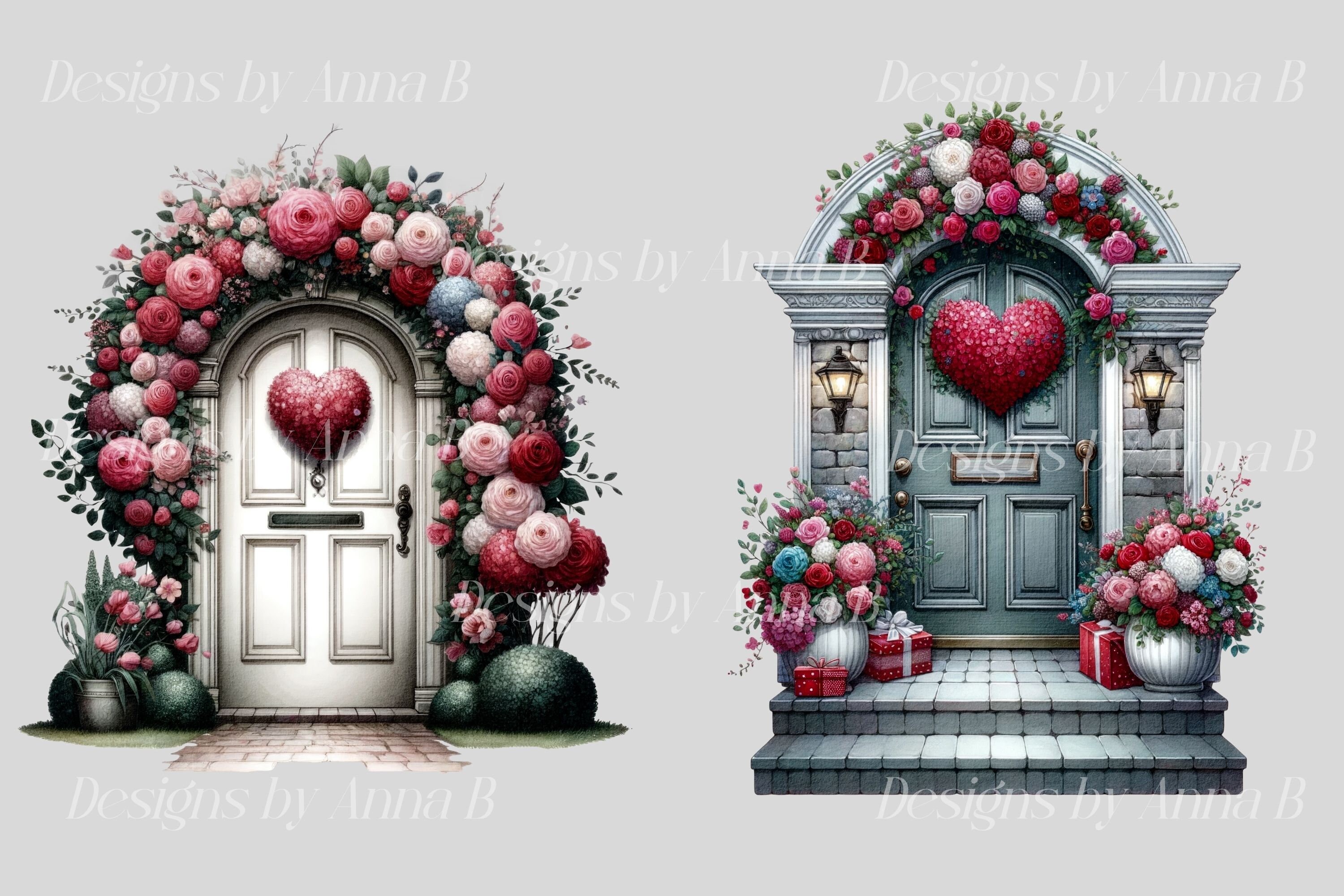 Watercolor Valentine Door Clipart: Floral Heart PNG Images (digital ...