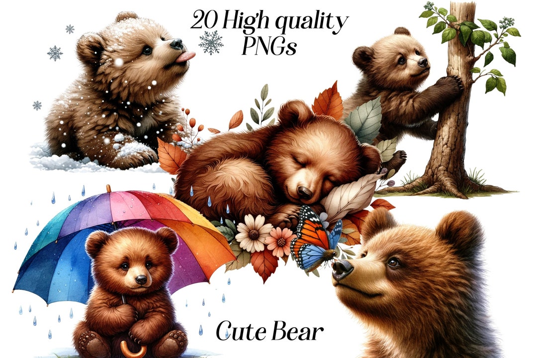 Watercolor Cute Bear Clipart, 20 High Quality PNG Files, Animal Clipart ...