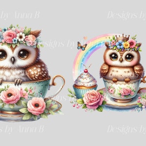 Watercolor Owl and Teacup Clipart, 15 PNG Files, Cute Owl, Vintage Teacup, Woodland Animals ...