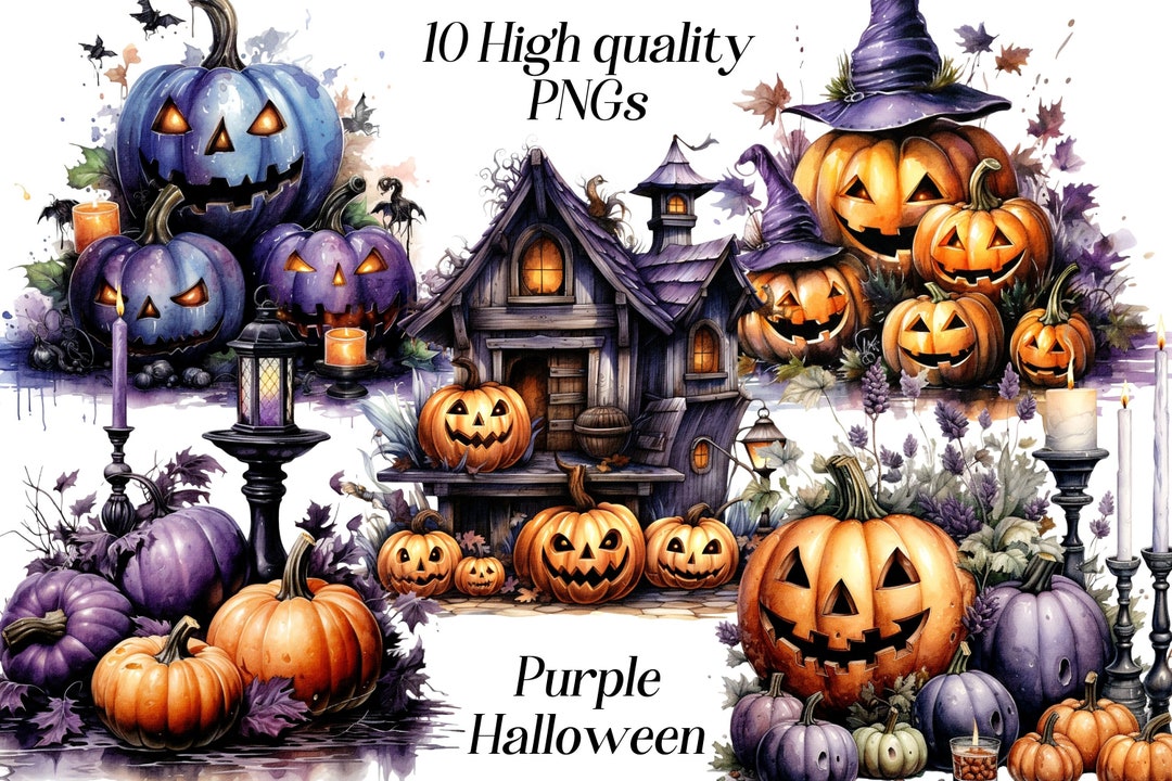 Watercolor Purple Halloween Clipart, 10 PNG Files, Purple and Blue ...