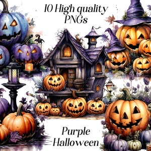 Watercolor Purple Halloween Clipart, 10 PNG Files, Purple and Blue ...