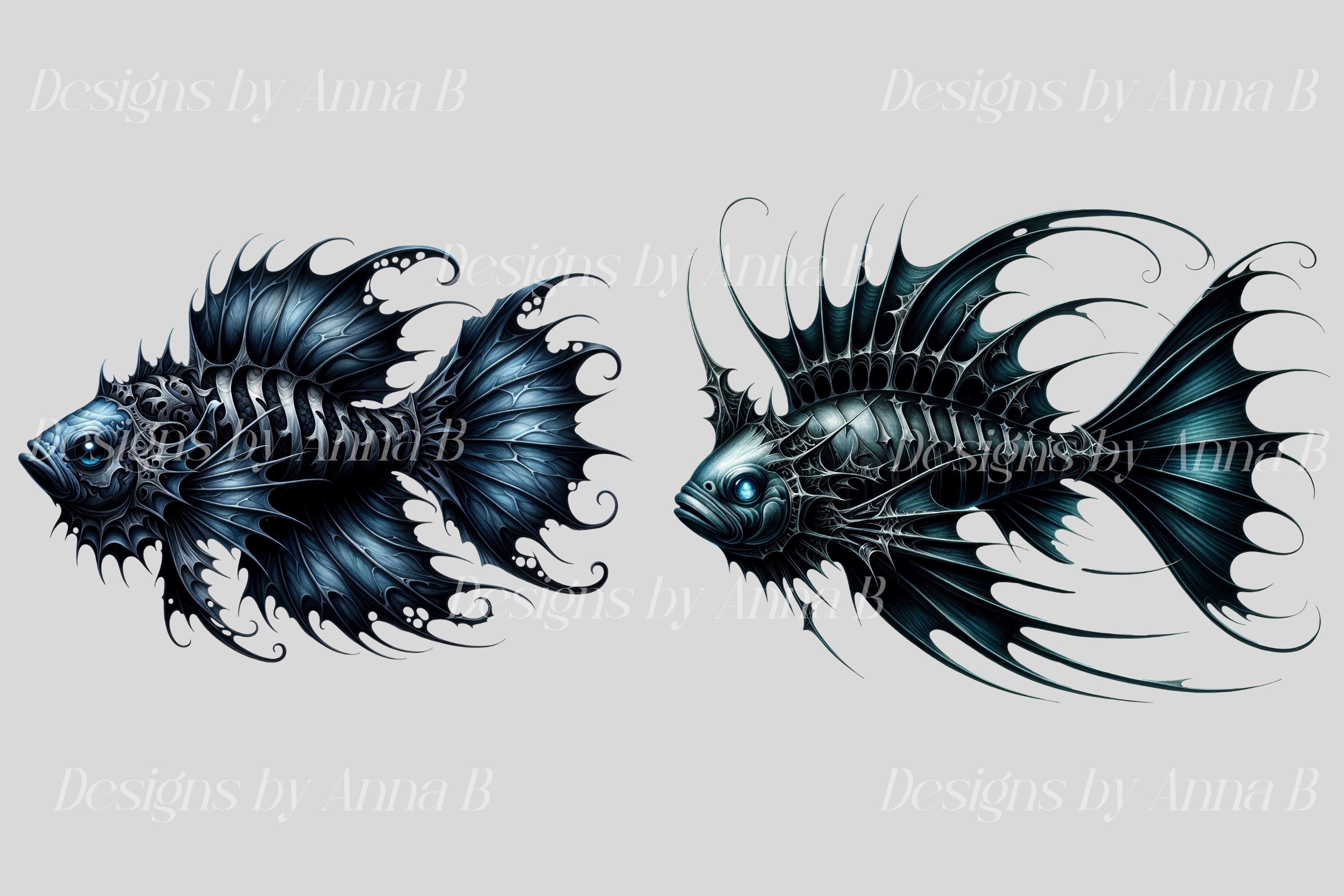 Watercolor Gothic Fish Clipart: Spooky Black PNG Files (digital ...