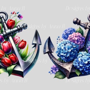 Watercolor Floral Anchors Clipart, 15 High Quality PNG Files, Nautical ...