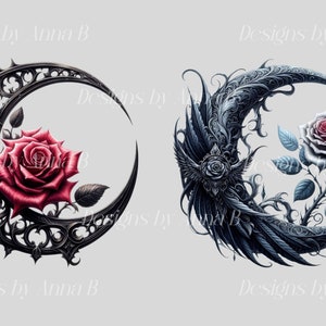 Gothic Crescent Clipart: Watercolor Moon & Red Roses (PNG Digital ...