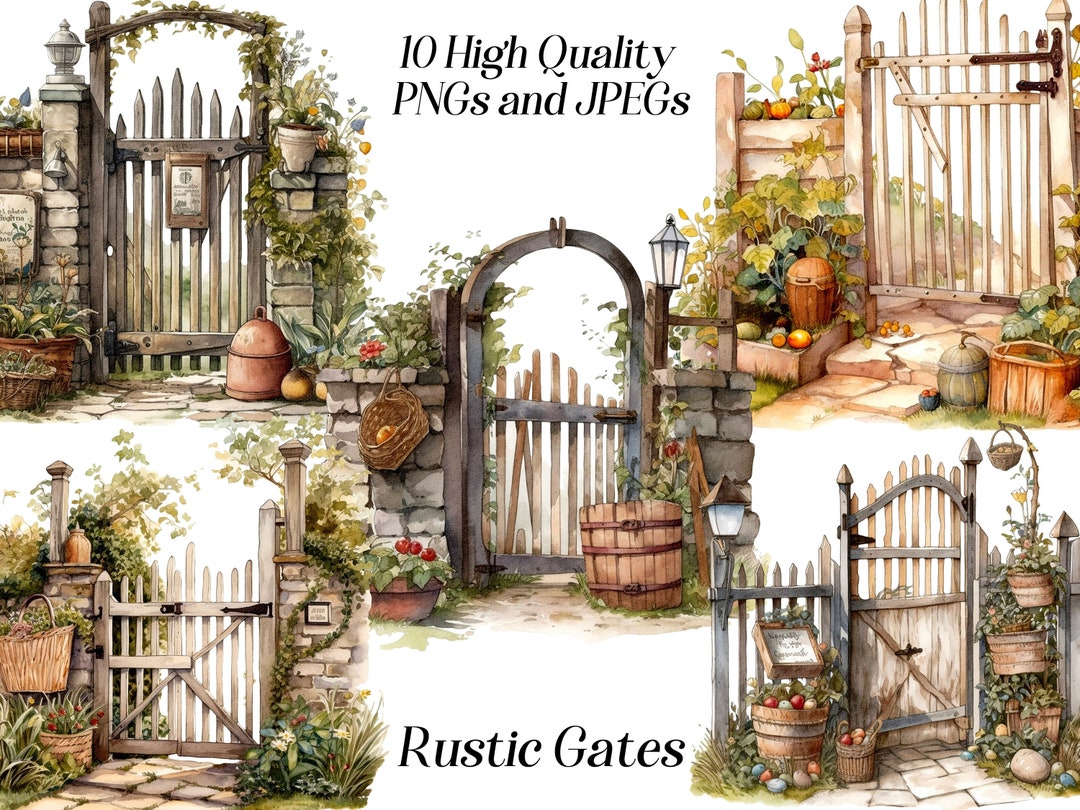 Watercolor Rustic Gates Clipart, 10 High Quality JPEG and PNG Files ...