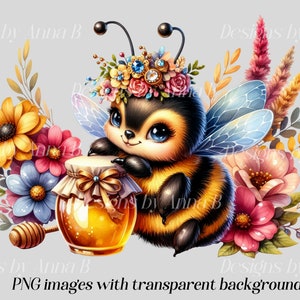 Watercolor Bumblebee Clipart: Honey Pot, Floral PNG Images (digital ...