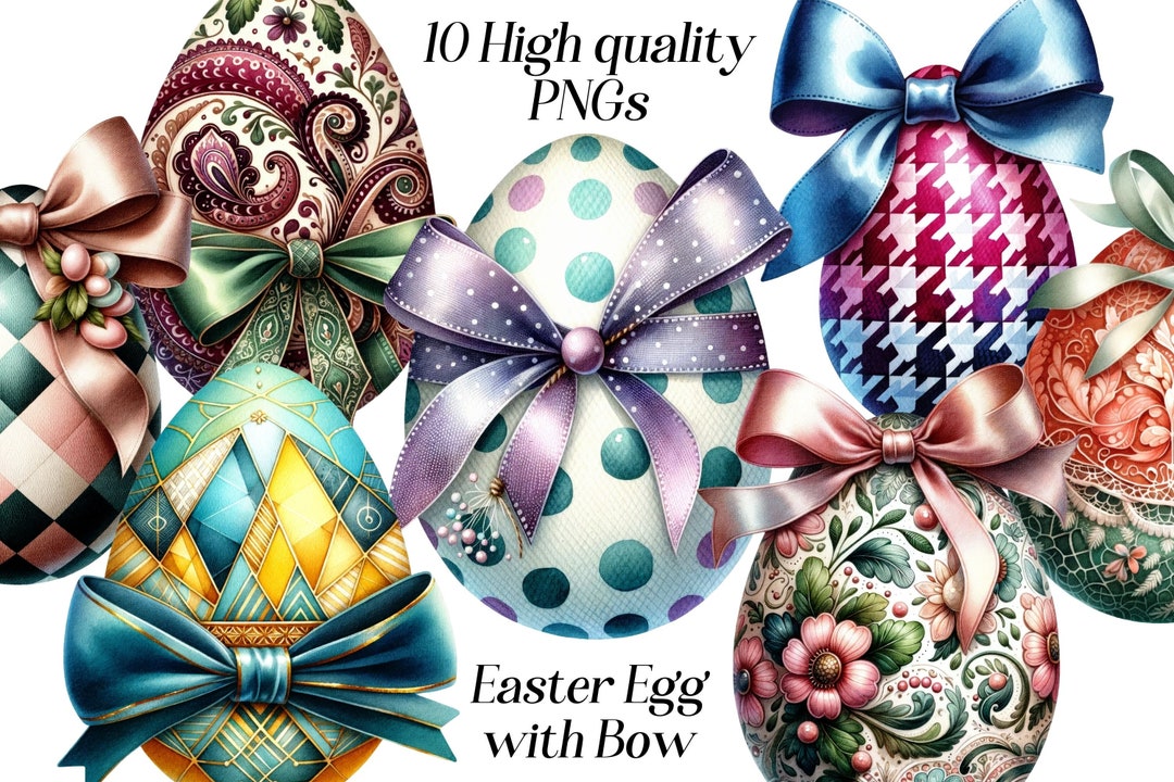 Watercolor Easter Egg With Bow Clipart, 10 High Quality PNG Files ...