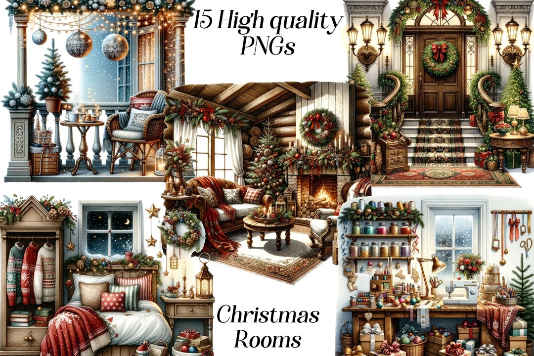 Watercolor Christmas Rooms Clipart: Festive Home Decor (15 PNG Files ...