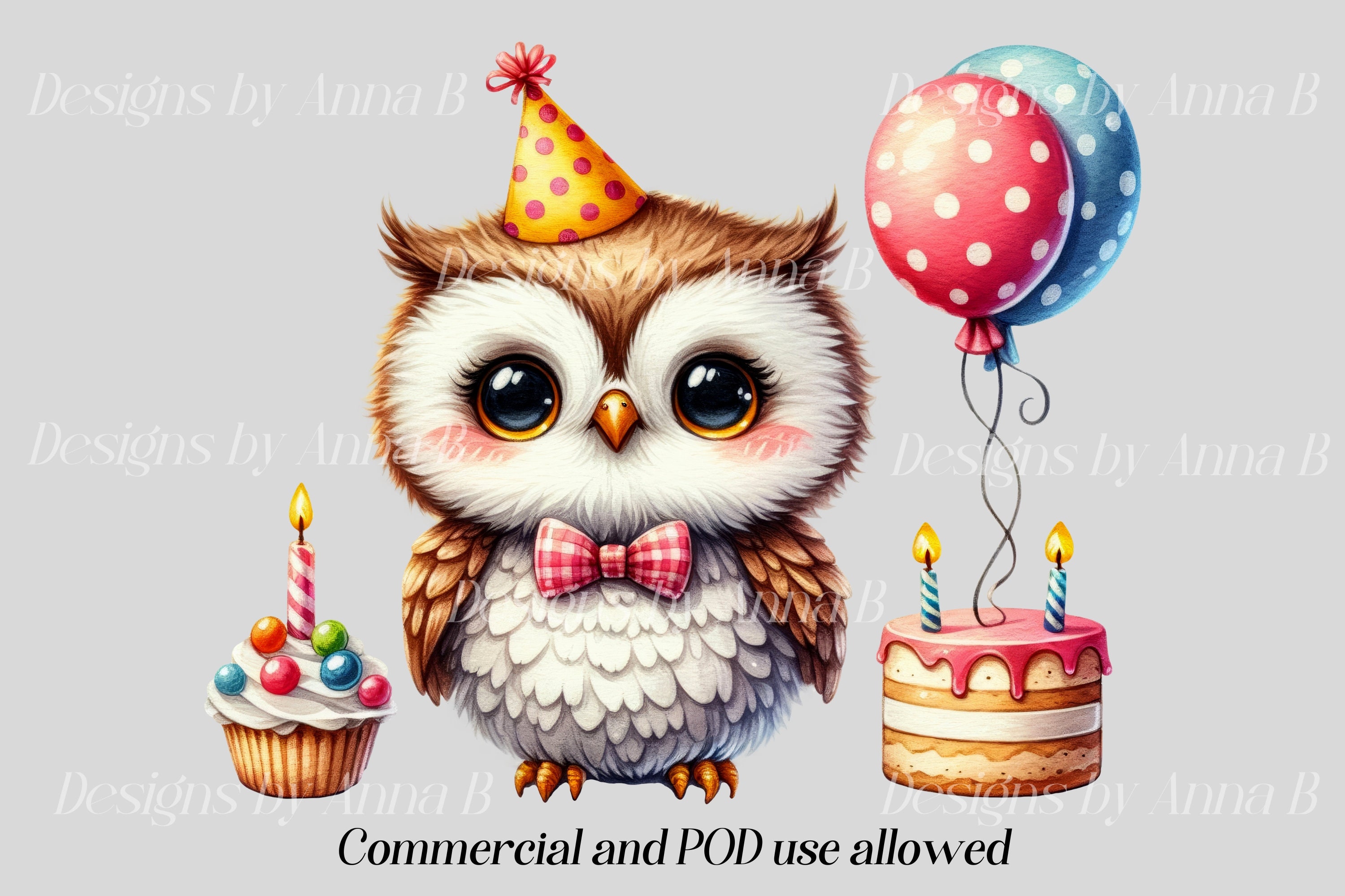 Watercolor Birthday Owl Clipart, Party Graphics (13 PNG Files) - Etsy