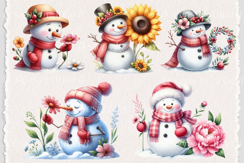 Snowman With Flowers Watercolor Clipart: 30 PNG Images (digital ...