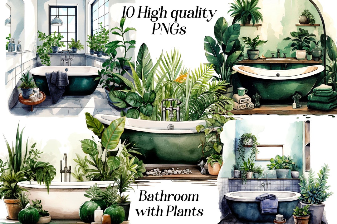 Watercolor Bathroom With Plants Clipart, 10 High Quality PNG Files ...