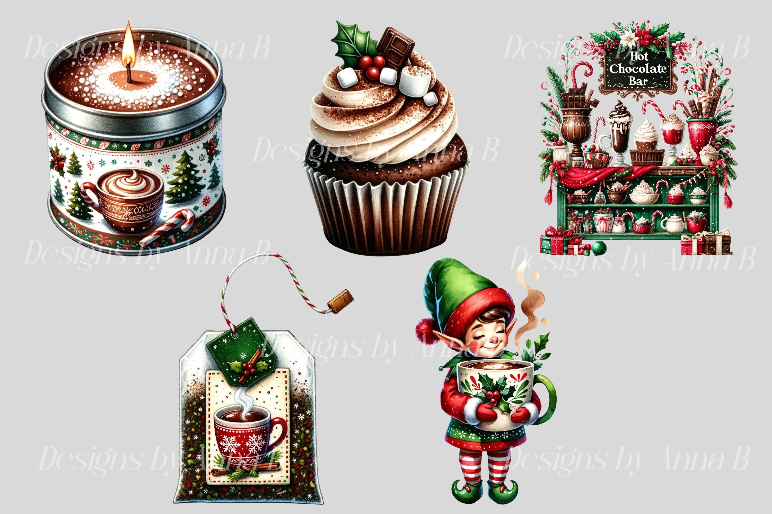 Watercolor Christmas Hot Chocolate Clipart: Festive PNG Graphics (23 ...