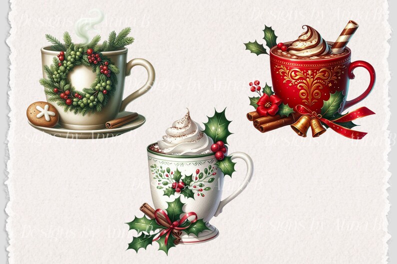 Festive Mug Watercolor Clipart: Christmas Holiday Cocoa (digital ...
